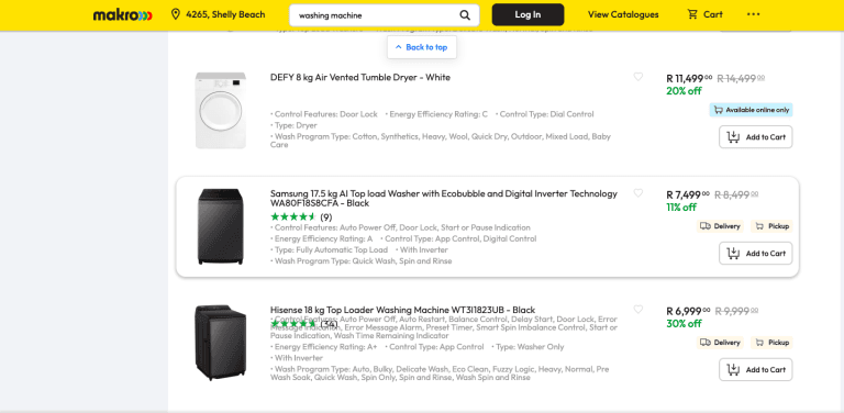 makro specials on washing machines
